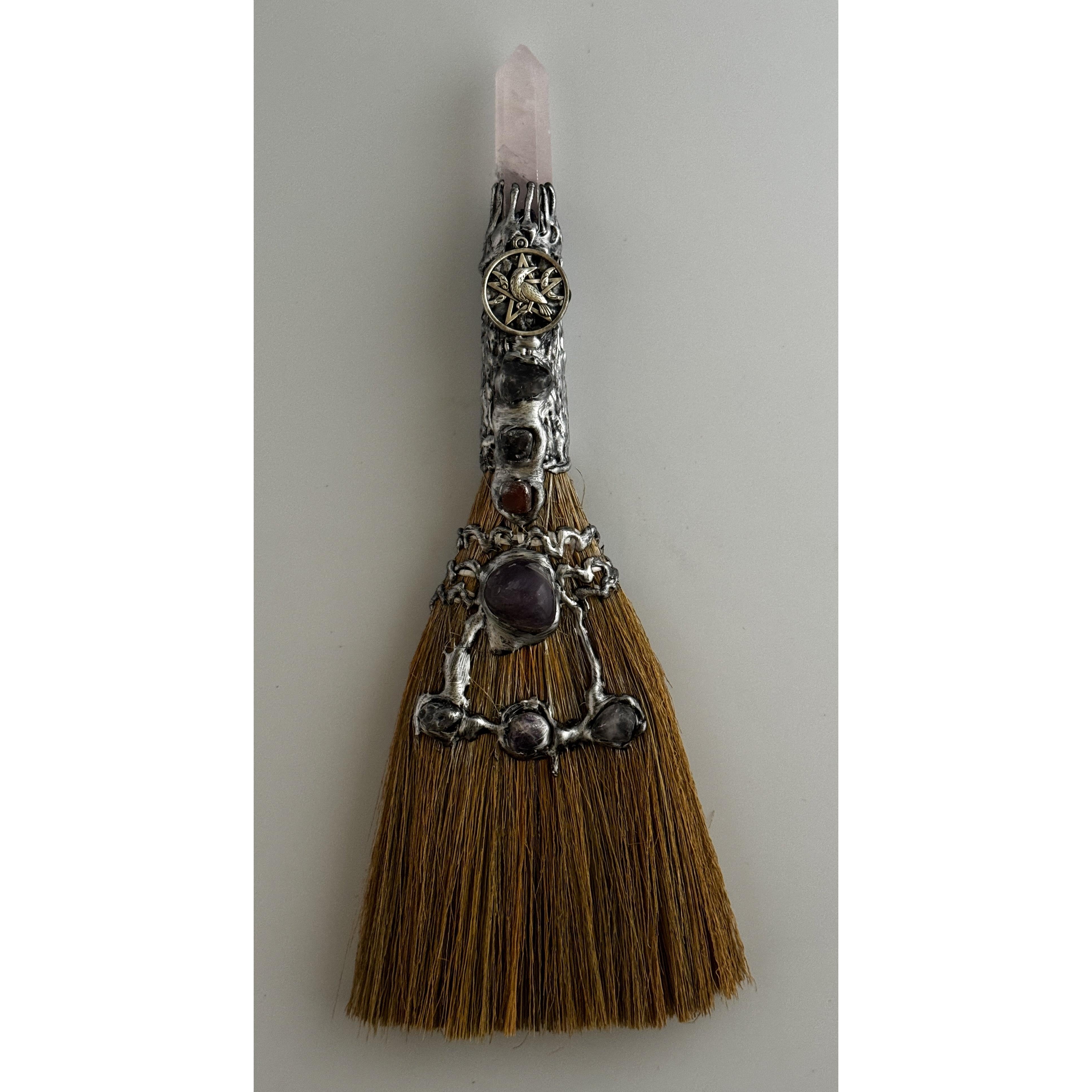Gemstone Wicca Broom 13in - Rose Quartz with Silver Raven – Bells Books ...